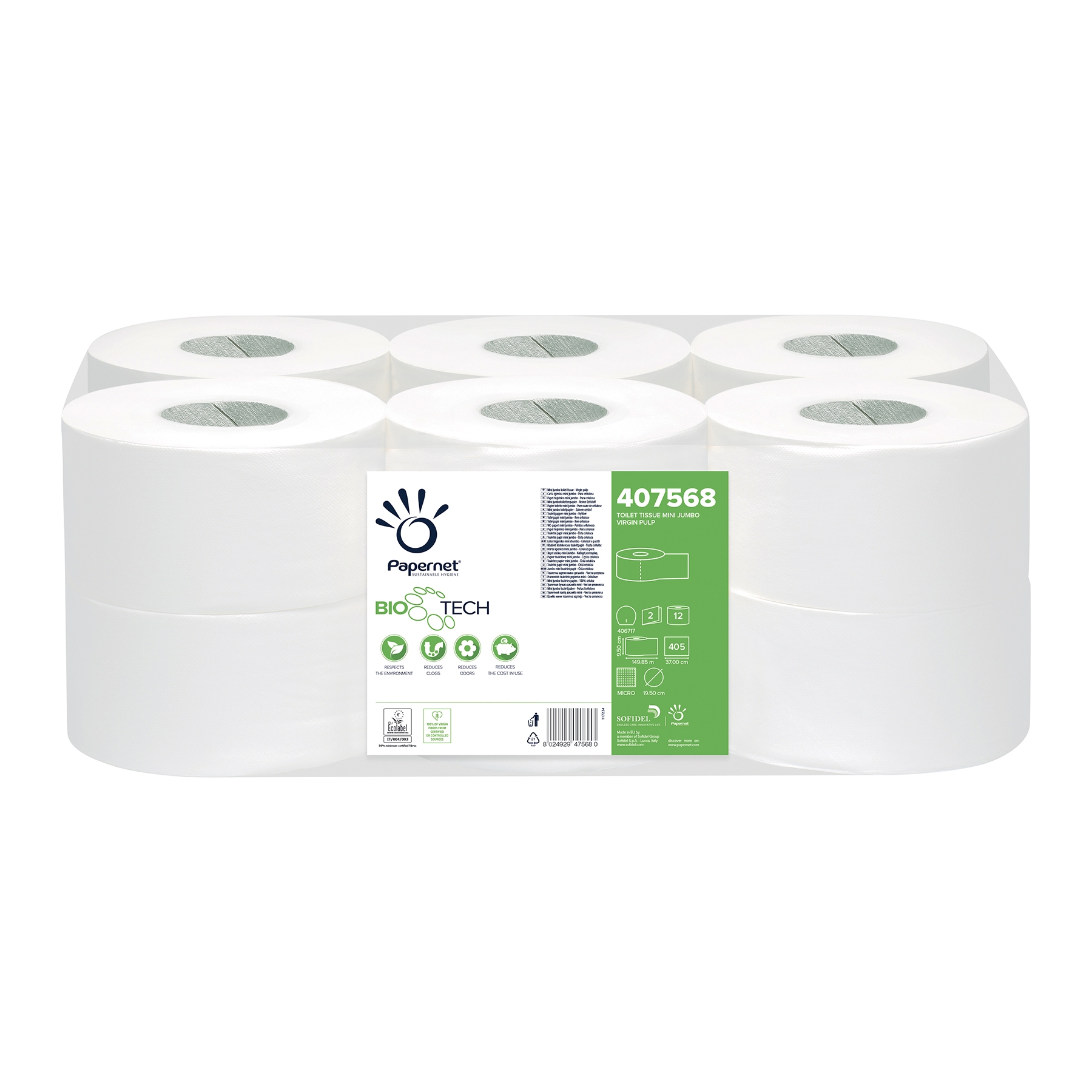 Mini Jumbo Toilet Paper, 2-ply, 405 sheets, 12 pieces | Papernet