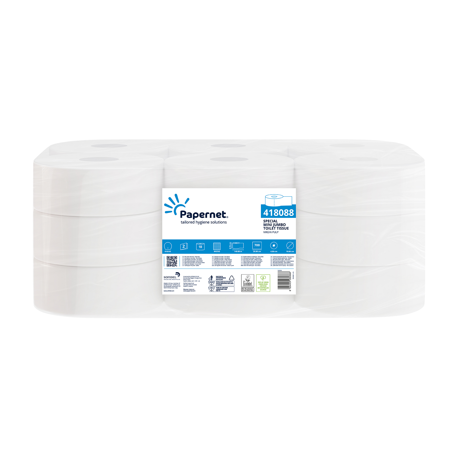 Mini Jumbo Toilet Tissue, 2-ply, 700 sheets, 18 pieces | Papernet