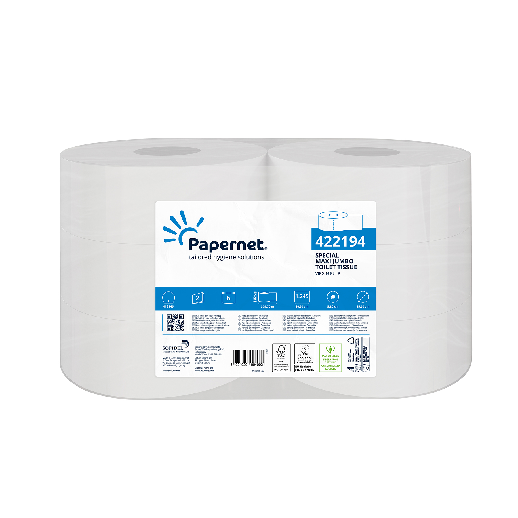 Maxi Jumbo Toilet Tissue, 1245 Sheets, 2-Ply, 379.7 m | Papernet